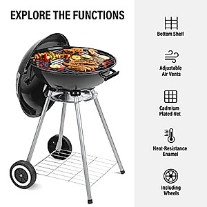 Ainfox Portable Charcoal Grill for Outdoor 18.5 inch BBQ Grill, Kettle Charcoal Grill with Plated Chrome Grates, for Outdoor Cooking, Patio, Backyard, Outdoor Cooking, Picnic