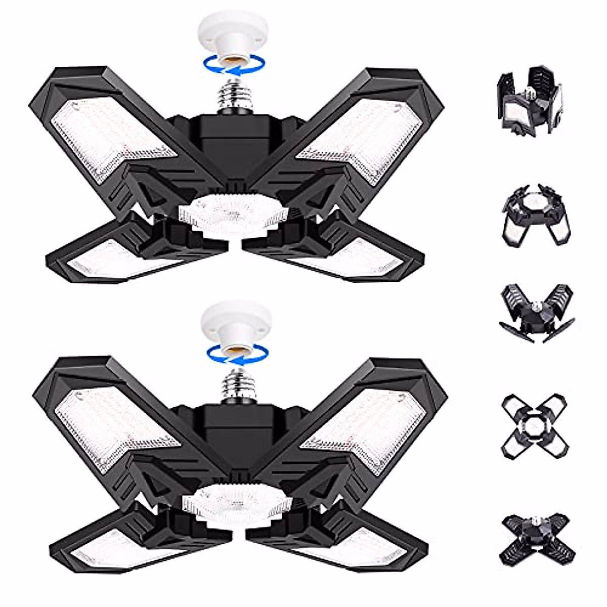 VSATEN 2 Pack LED Garage Lights 80W, Deformable Garage Lights Ceiling LED with 4+1 LED Panels, 8000LM E26/E27 Base LED Shop Light for Garage Workshop Warehouse Barn, Ultra Bright Workshop Light