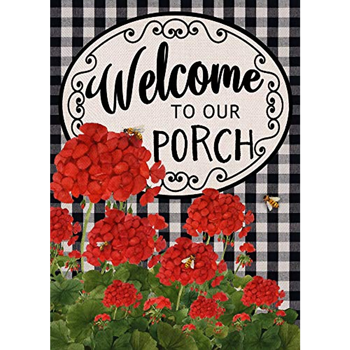Covido Home Decorative Welcome to Our Porch Geranium Spring Summer Garden Flag, Red Flower Black White Buffalo Plaid Check House Yard Outside Decoration Fall Autumn Farmhouse Outdoor Small Decor 12x18
