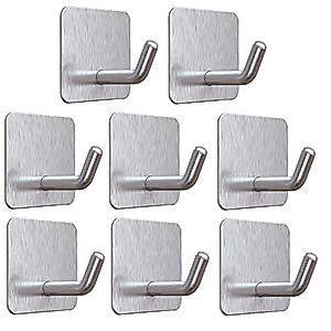 Adhesive Hooks, Silver Stainless Steel Self Adhesive Hooks Heavy Duty Waterproof Wall Hangers Without Nails Kitchen Bathroom Shower Sticky Wall Hooks for Towel Loofah Hat Key Utensils - 8 Packs