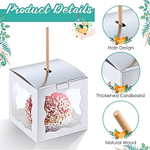 Dandat 50 Pieces 4 x 4 x 4 Inch Candy Apple Box with Hole and Stick Paper Caramel Apple Boxes Cookies Chocolate Gift Treat Boxes with Clear Windows Caramel Apple Containers for Wedding Christmas