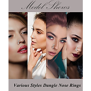 Tornito 10Pcs Dangle Nose Rings Hoop Butterfly Heart Moon Flower Star CZ Cartilage Earring Dangling Nose Body Piercing Jewelry 20G Silver Tone