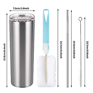Qtencas Stainless Steel Skinny Tumbler Set, Insulated Travel Tumbler with Closed Lid Straw, Skinny Insulated Tumbler, 20 Oz Slim Water Tumbler Cup for Coffee Water Hot Cold Drinks, Set of 4, Silver