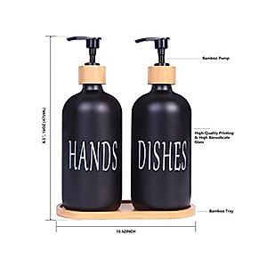 Glass Kitchen Soap Dispenser Set, Both Glass Soap Dispensers Equipped with Pumps& Bamboo Tray (Matte Black + Old Style Charactor)