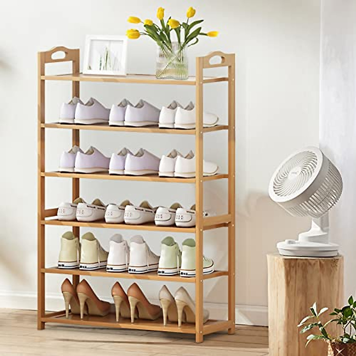 RudiUsoy Bamboo Shoe Rack, 5 Tier Freestanding Shoe Shelf Storage Organizer with 2 Handles for Entryway, Hallway, Closet
