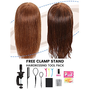 Mannequin Head with Hair 20-22" - Cosmetology Mannequin Head to Practice Hair Styles - 100% Human Hair Cosmetology Supplies - Hair Practicing and Cutting Manikin Head with Clamp & Hairdressing Tools