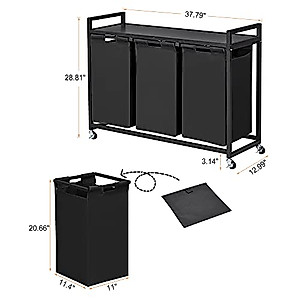 Herture Laundry Basket, 3 Compartment Laundry Hamper, 3 x 10 Gal (38L), with Shelf Rolling Laundry Sorter Organizer, Pull- Out Laundry Sorter with 3 Removable Laundry Bags Black PF01XLB