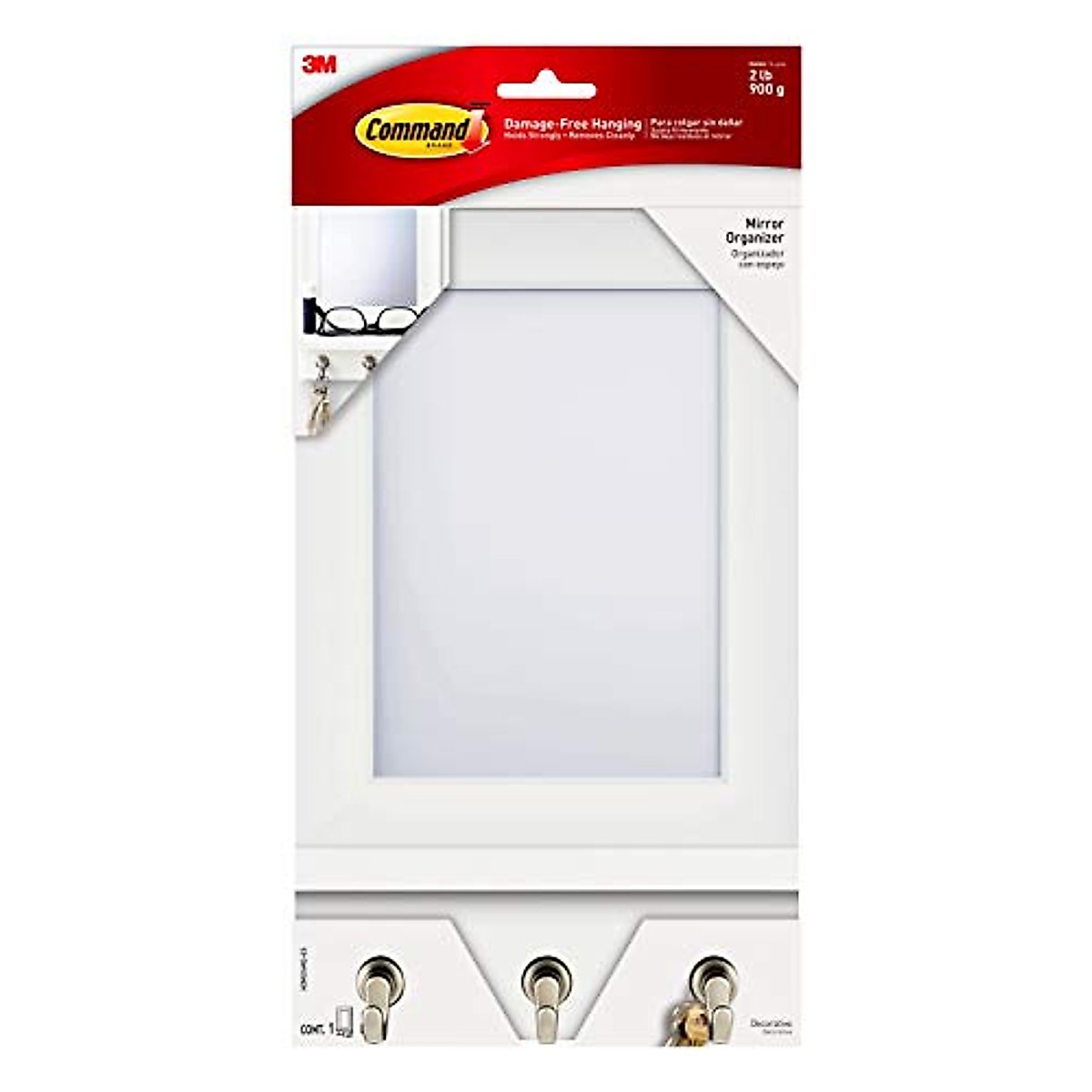 Command Mirror Organizer, Quartz, 1-Organizer with Key Hooks, 8-Medium Strips (HOM24MQ-ES), Great for dorm decor