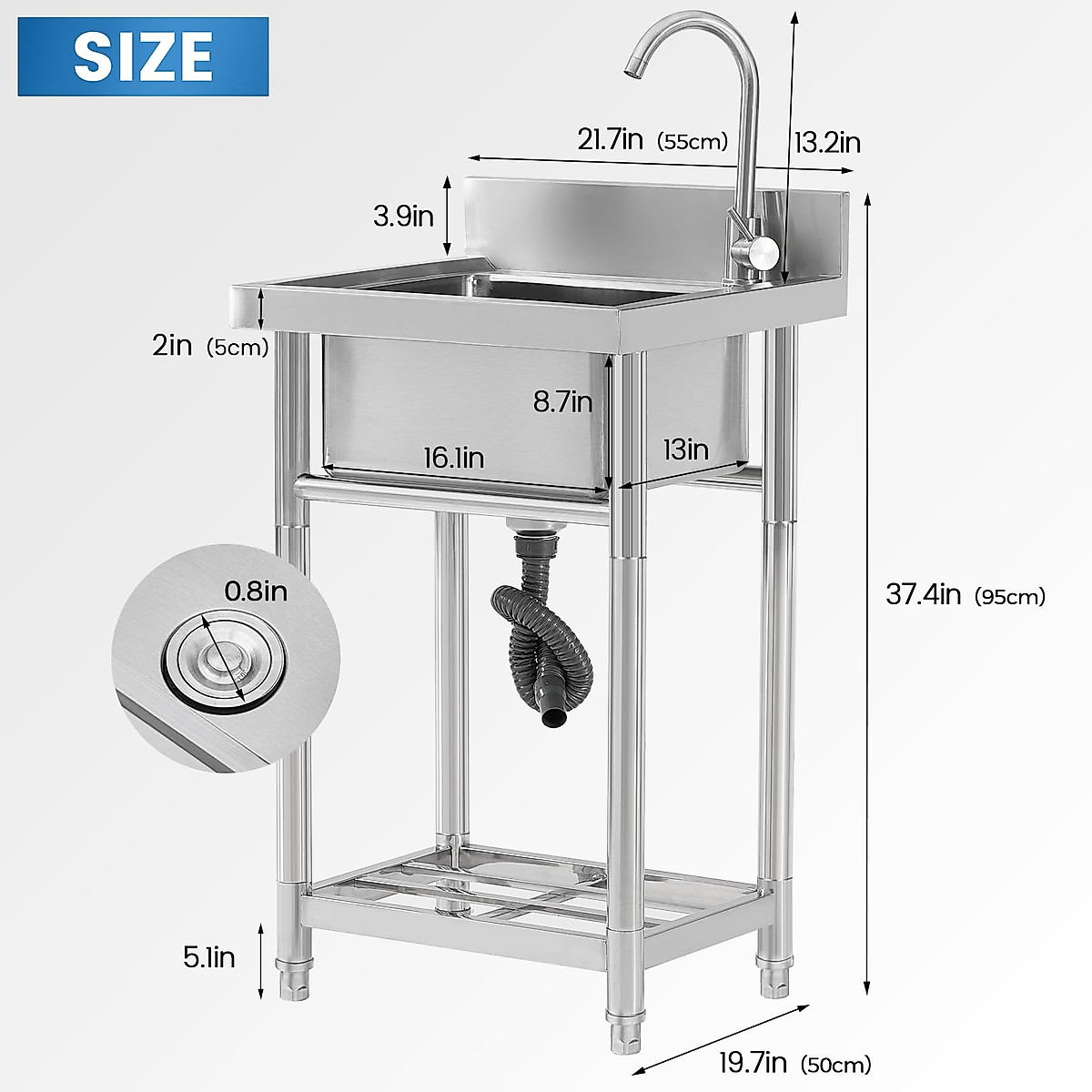 KUARBARR Stainless Steel Utility Sink Free Standing Single Bowl Set Prep Sink Station for Restaurant Kitchens Laundry Room Bathroom Farmhouse 22 Inches