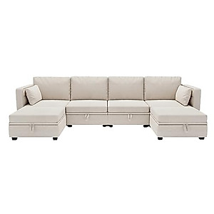 kevinplus 110" Modular Sectional Sofa Couch for Living Room, Modern Contemporary 4-Seat U-Shape Sofa Couch with Storage Seat & Reversible Ottoman for Apartment Office, Linen Fabric, Beige
