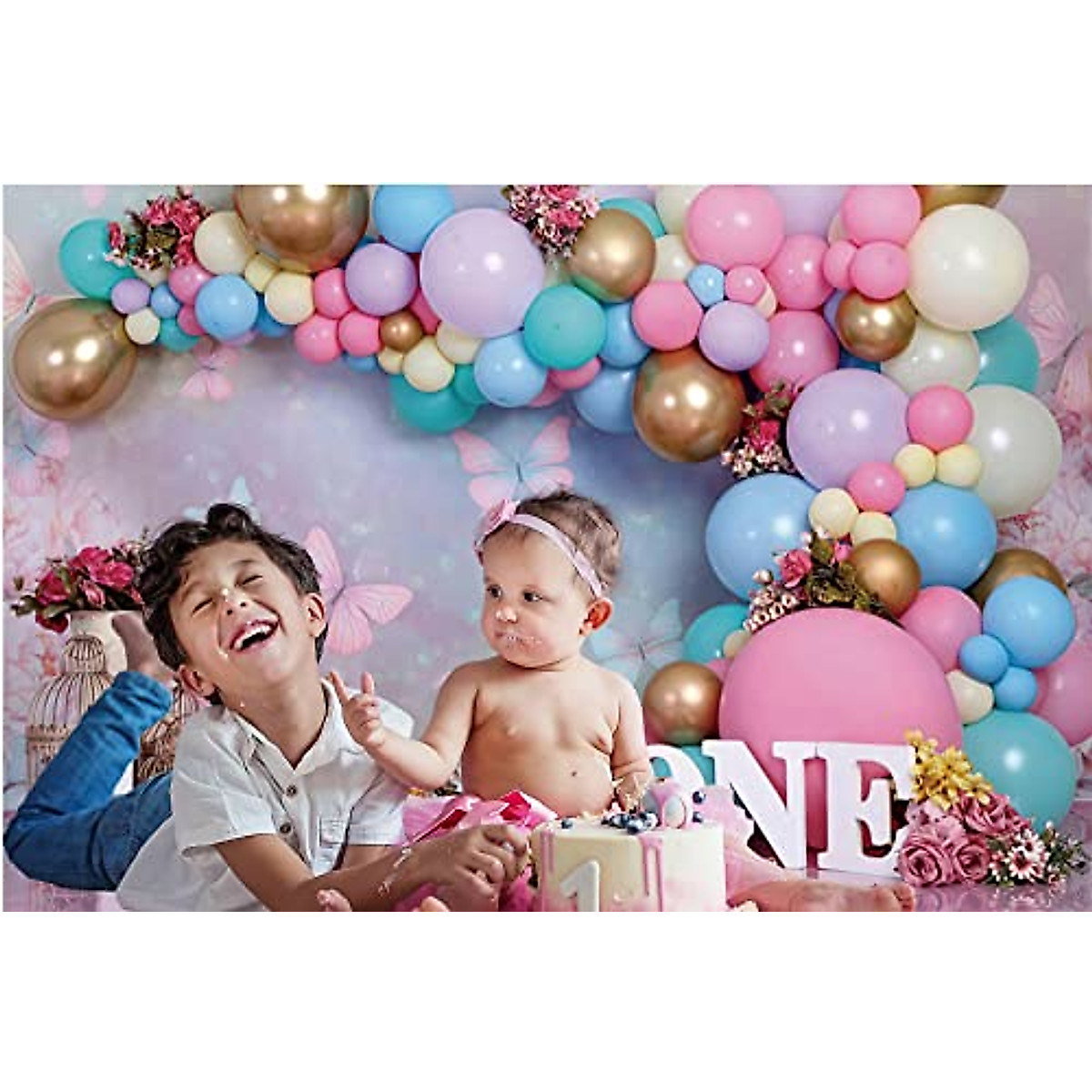 First Birthday Backdrop for Girl Pink Purple Balloon Backdrops for Photography Cake Smash Background for Baby Girl Flowers Butterfly Kids1st Birthday Banner Decorations 7x5ft