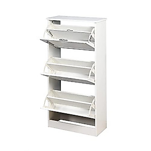 Wooden Shoe Cabinet with 3 Flip Drawers, Freestanding Shoe Storage Organizer with Louvered Door and Adjustable Shelf, Modern White Narrow Shoe Storage Cabinet for Entryway, Holds 12 Pair Shoes