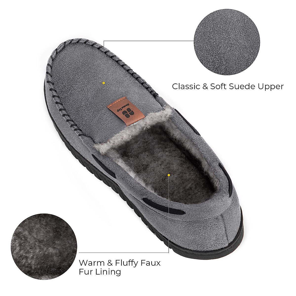 HomeTop Men's Moccasin Slippers Soft Faux Suede Plush Warm Lining Memory Foam Indoor House Shoes with Anti-Skid Sole (9, Grey)
