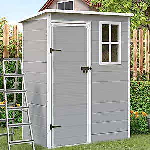 UDPATIO Outdoor Storage Shed 5x3 FT, Resin Garden Shed for Bike, Garbage Can, Tool, Plastic Outside Sheds & Outdoor Storage Storage Box with Lockable Door for Backyard, Patio, Lawn, Grey & White
