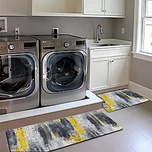 Subently 2PCS Yellow Ombre Kitchen Rugs Abstract Floor Runner Yellow and Gray Non-Slip Area Carpets Mustard Grunge Kitchen Mat Set for Farmhouse Bathroom Laundry 16" x 47"