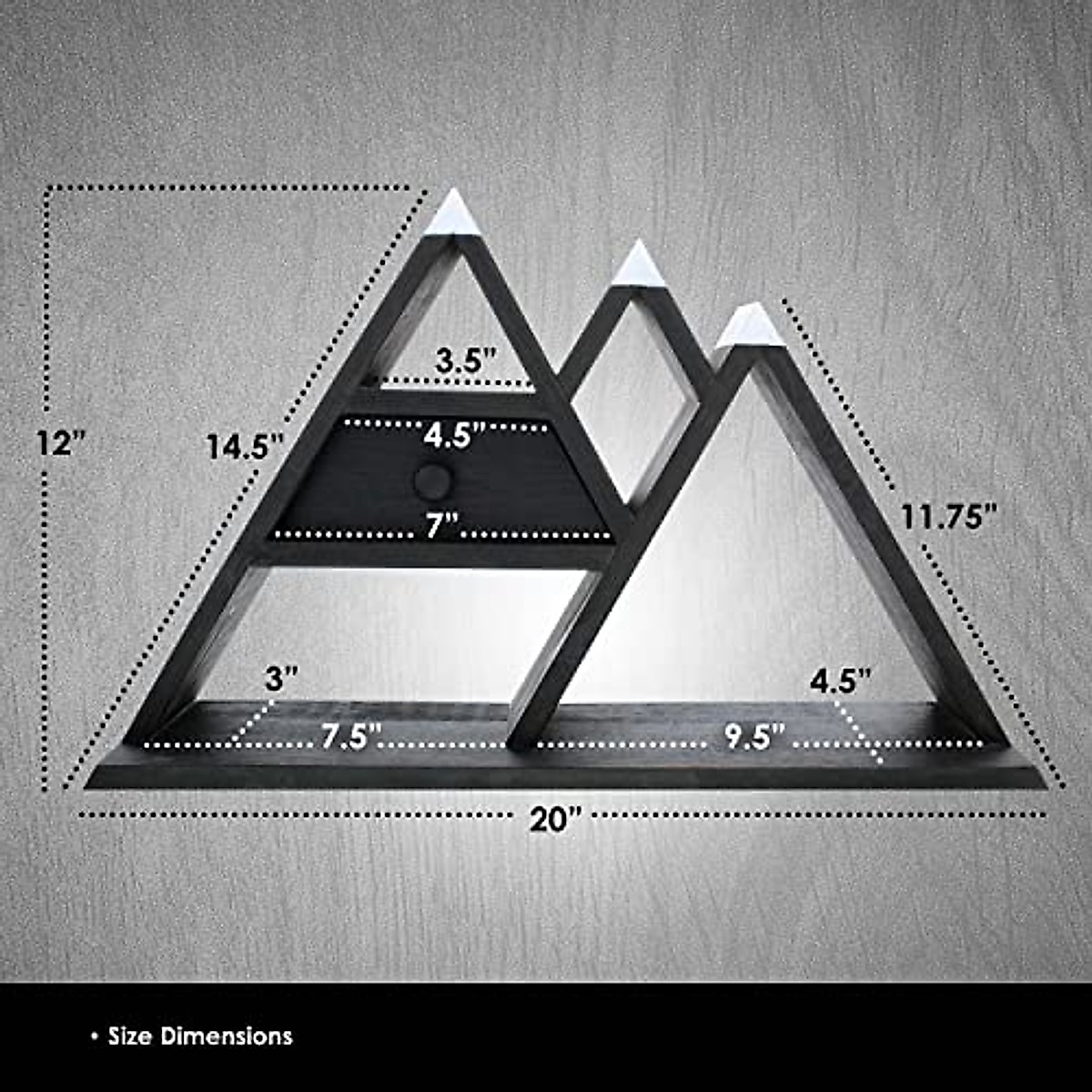 Rustic Curiosities Large Mountain Shelf - 20X12X4.5 Inch Crystal Display Shelf for Succulents, Plants, Essential Oils, Includes Pull Out Drawer, Extra Wide Base Crystal Holder (Black)