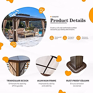 YOLENY 12'x14' Hardtop Gazebo, Outdoor Polycarbonate Double Roof Canopy, Aluminum Frame Permanent Pavilion with Curtains and Netting, Sunshade for Garden, Patio, Lawns