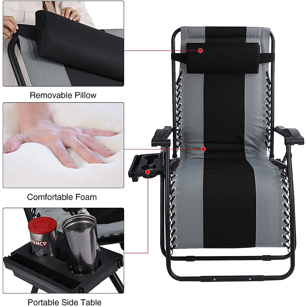 Piamomso Oversize Zero Gravity Chair with Cup Holder,Folding Recliner Lawn Zero Gravity Lounge Chair with Headrest, Grey & Black