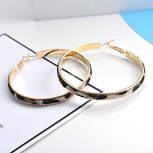 60mm Exaggerate Leopard Leather Round Hoop Earrings Dangle Cheetah Print Circle for Women Statement Personality Animal Jewelry-60CM