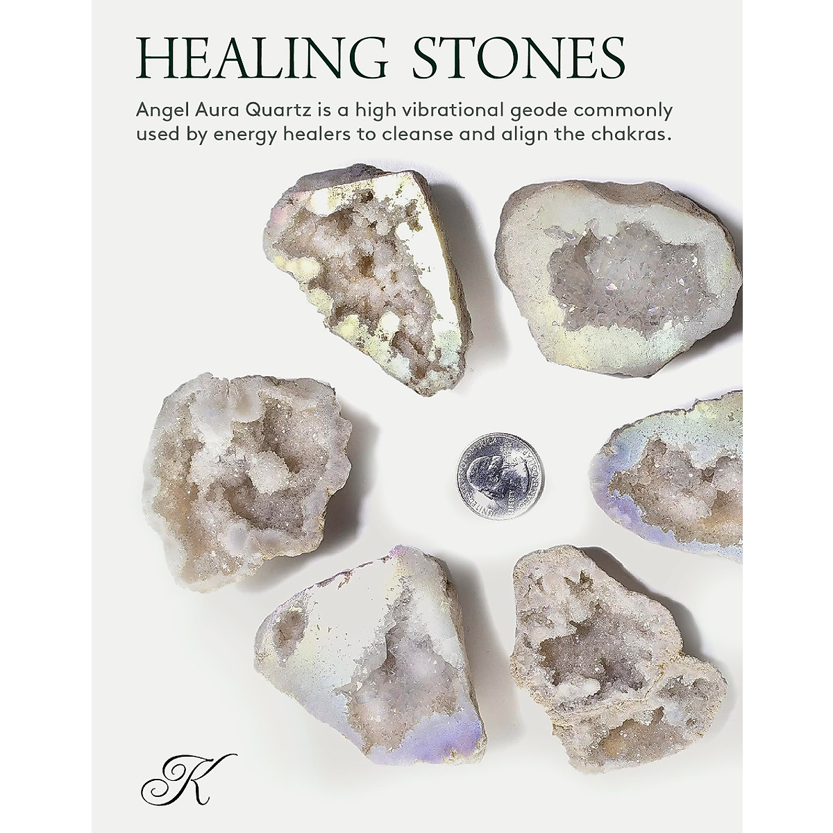 KALIFANO Angel Aura Quartz Geode - Titanium Bonded High Energy Crystal Cuarzo Cluster/Druzy with Information Card - Natural Reiki Rock Used for Clarity and Purpose (Family Owned and Operated)