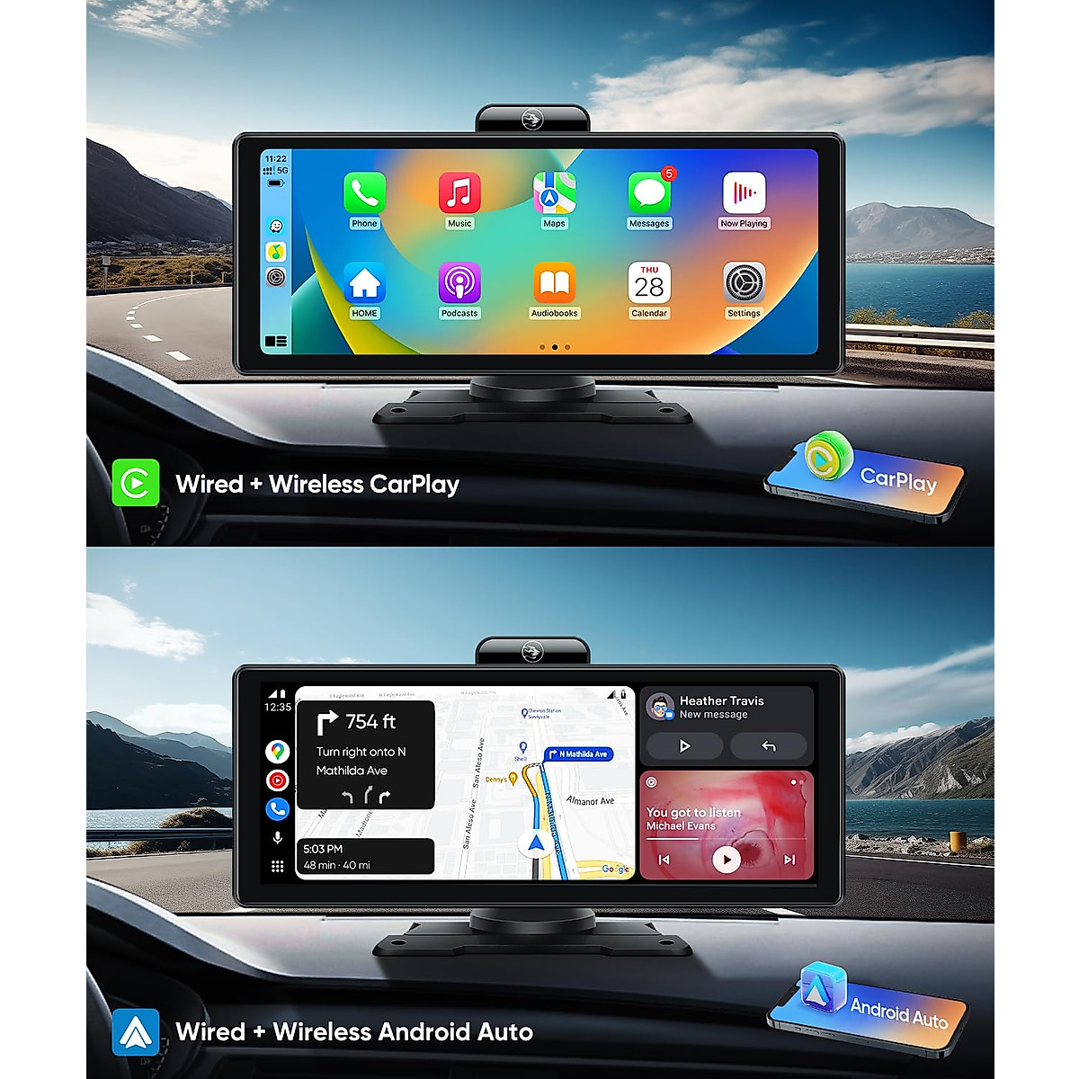 10.26'' Wireless Carplay and Android Auto, Portable Car Stereo with 4K Dash Cam, 1080P Backup Camera, Drivemate Carplay Screen with Bluetooth/Navigation/MirrorLink