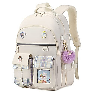 KIDNUO Backpack for Girls, 15.6 Inch Laptop School Bag Kids Kindergarten Elementary College Backpacks Large Bookbags for Teen Girls Women Students Casual Travel Daypacks (Beige)