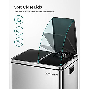 SONGMICS Dual Trash Can, 2 x 4 Gal (2 x 15L) Garbage Can, Steel Pedal Recycle Bin with Lid and Inner Buckets, for Small Kitchens, Fingerprint-Proof, Soft Closure, Airtight, Silver ULTB30H