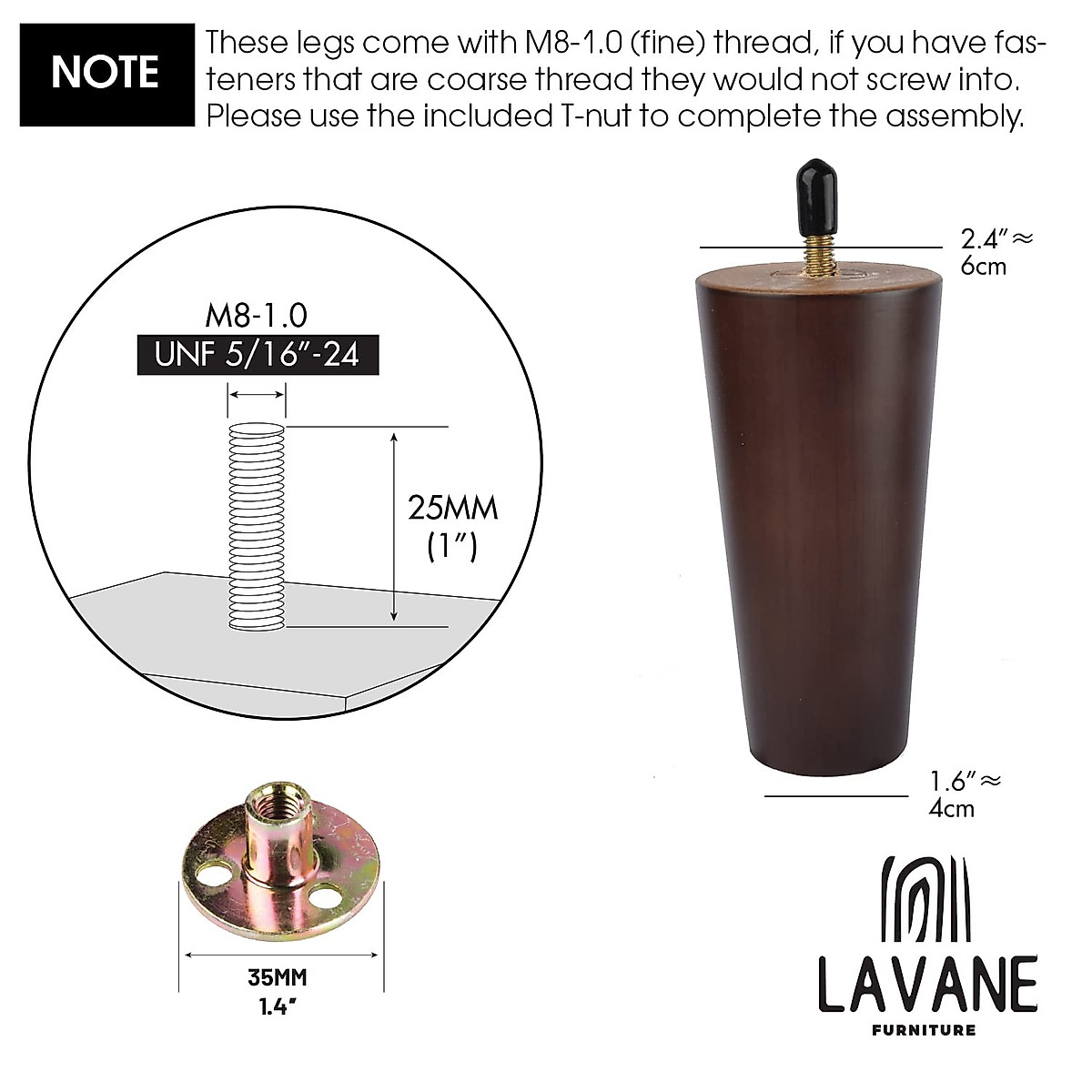 La Vane 6 inch / 15cm Wooden Furniture Legs, Set of 4 Walnut Solid Wood Tapered M8 Furniture Replacement Feet with Pre-Drilled 5/16 Inch Bolt & Mounting Plate & Screws for Sofa Chair Couch Ottoman