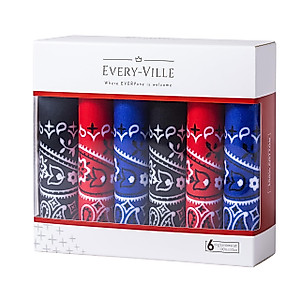 EVERY-VILLE Where EVERYone is Welcome 6-Pack Large Cotton Bandanas for Men - Paisley, 22x22 In, Red Black Blue - Cowboy Head Handkerchief Pocket Squares