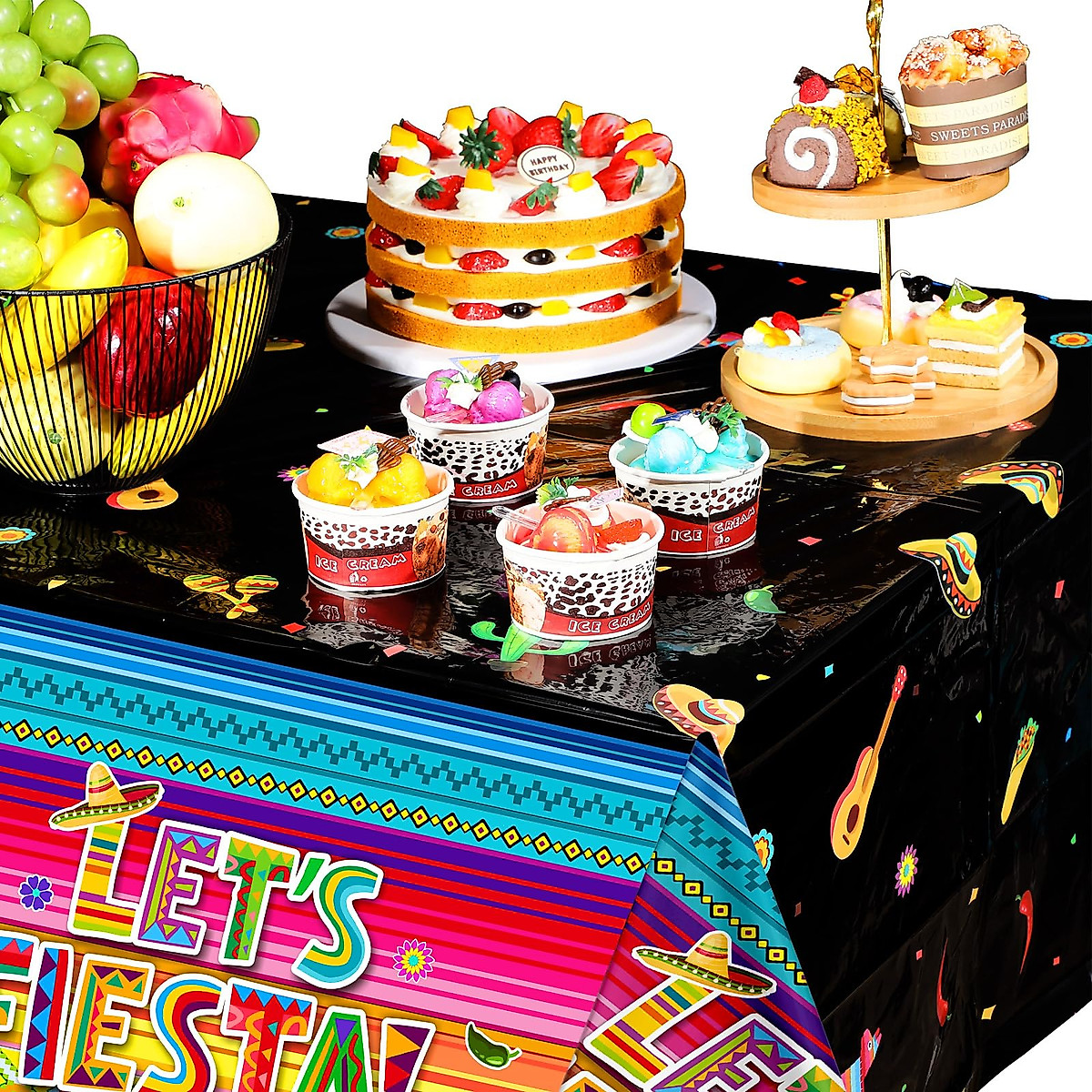 3 Pieces Fiesta Theme Party Tablecloth, Cinco De Mayo Party Table Covers Mexican Serape Table Runner Cloth Fiesta Birthday Party Supplies for Mexican Fiesta Party Wedding Decoration, 108 x 54 Inch