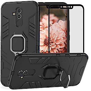 DuoLide for Huawei Mate 20 Lite Case, 2 in 1 Hybrid Heavy Duty Armor Shockproof Defender Kickstand Dual Layer Bumper Hard Back Case Cover Tempered Glass Screen Protector，Black