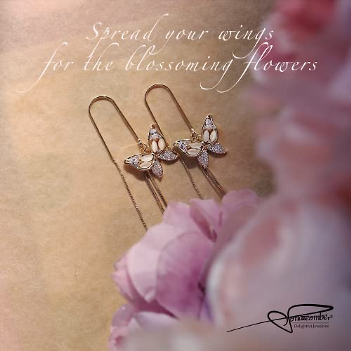 Sonateomber Long Gold Rhinestone Butterfly Threader Chain Dangle Tassel Earrings for Women – Cubic Zirconia Drop Chandelier Fringe Waterfall Dangling Jewelry Gift