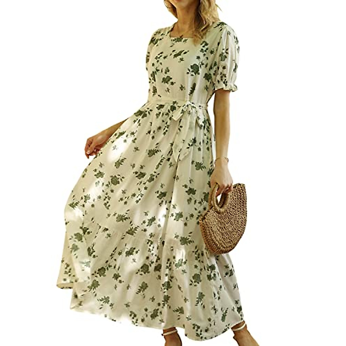 YESNO Women's 2023 Summer Casual Square Neck Floral Dress Ruffle Puff Short Sleeve Belted Maxi Dress with Pockets L E16 CR355