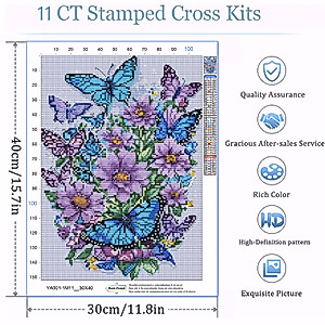 Baipisan Cross Stitch Kits for Adults - Butterfly Stamped Crossstitching Kits Preprinted 11 Count Cross-Stitch Kit for Beginner, 11CT Prestamped Easy Pattern Needlepoint Kits Crafts for Decor