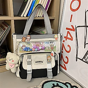 Aesthetic Messenger Bag with Stuffed Pendant and Pins Kawaii Crossbody School Hobo Bag for Women Girls (B-1-Black)