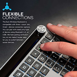 JLab Epic Wireless Keyboard, Black, 108 Keys, Connect Via Bluetooth or USB Wireless Dongle, Multi-Device Toggle, Soft Touch Keys, Smart Media Knob, Custom User Profiles, Rechargeable (1 Pack)