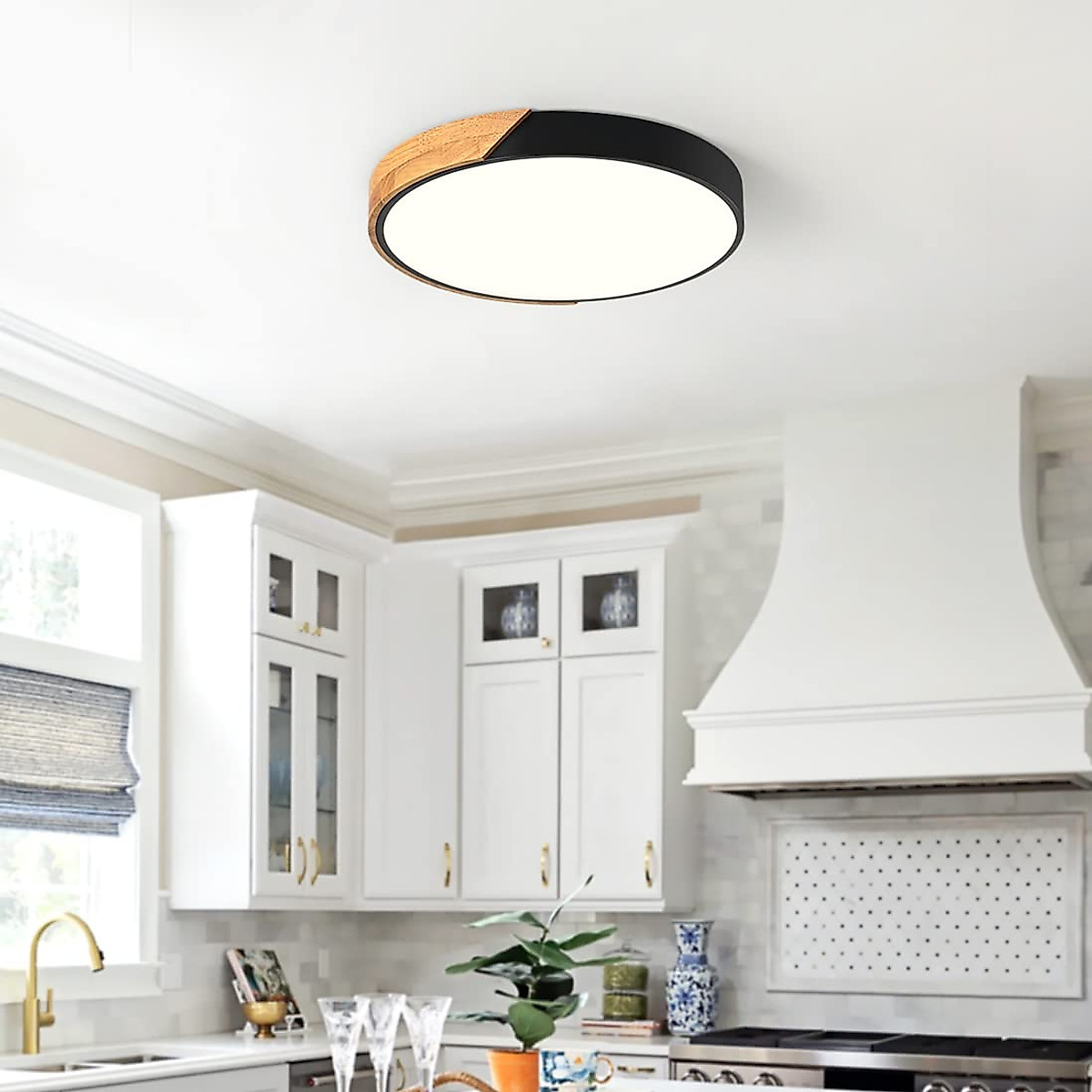 Vikaey Modern Dimmable LED Ceiling Light, Minimalist Wood Style 5CCT 2700K-6000K Flush Mount Ceiling Light Fixture, Round Lighting Lamp for Bedroom Living Room Dining Room Laundry, Black, 15.8"