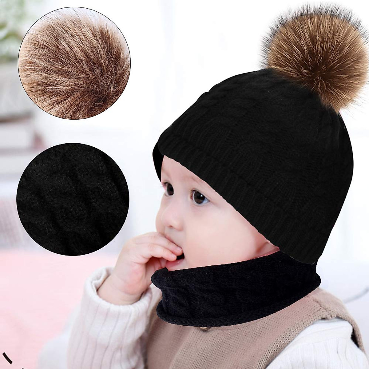 Hicdaw 6PCS Toddler Baby Winter Hat Scarf Kids Warm Knitted Hat for Beanie Scarf Gloves Set Gift for Kid Black