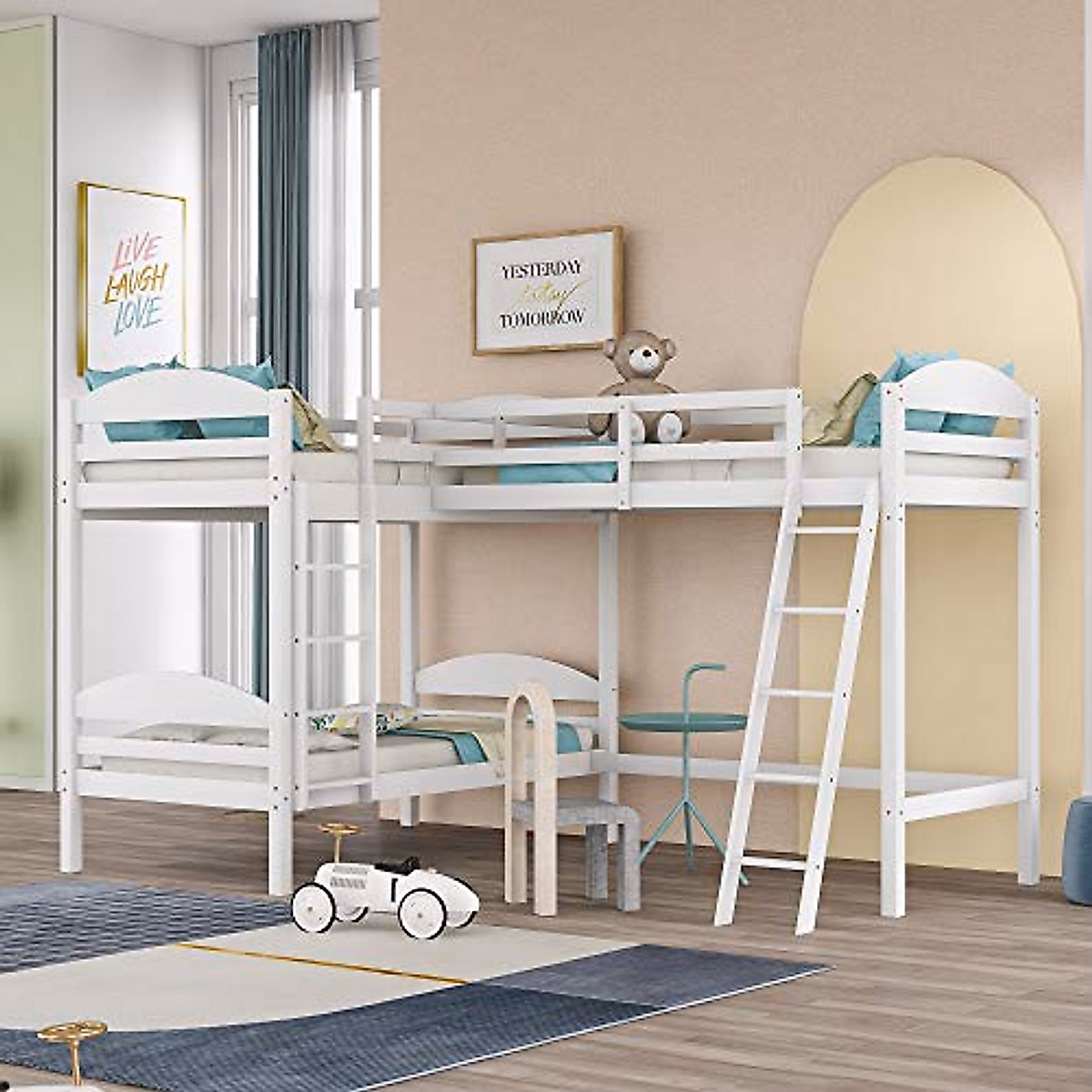 L-Shaped Triple Bunk Bed, Twin Over Twin Corne Bunk Bed Attached a Twin Loft Bed,Triple Bunk for Kids,3 Bed Bunk Beds with Guardrails and Angle Ladder for Boys Girls Teens