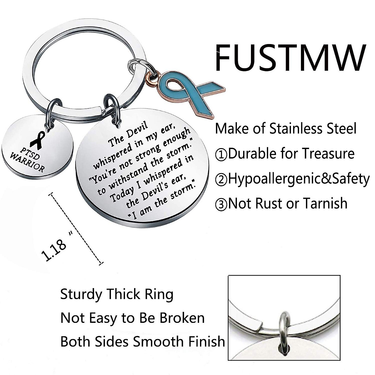 FUSTMW PTSD Keychain Gifts PTSD Awareness Teal Ribbon Gifts PTSD WARRIOR I Am The Storm PTSD Awareness Jewelry Survivor Gifts (silver)