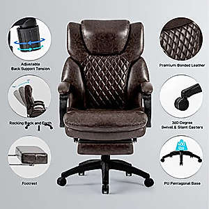 YI DANICA High Back Big & Tall 400lb Office Chair with Footrest - Heavy Duty Base, Adjustable Tilt Angle Large Bonded Leather Ergonomic Executive Desk Computer Swivel Chair