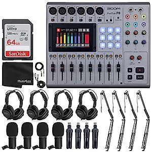Zoom PodTrak P8 Multitrack Podcast Recorder + 4X Zoom ZDM-1 Podcast Mic + 4X Headphones + 4X Windscreens + 4X Tabletop Stands + 64GB Memory Card + 4X Boom Arms + Cables - Ultimate Podcasting Bundle