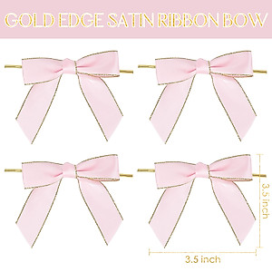 AIMUDI Pink Twist Tie Bows for Treat Bags 3.5" Premade Pink and Gold Bows for Crafts Pre-Tied Pink Bows for Baby Shower, Cello Bags, Wedding Favors, Gift Wrapping, Party Decorations, 50 Counts