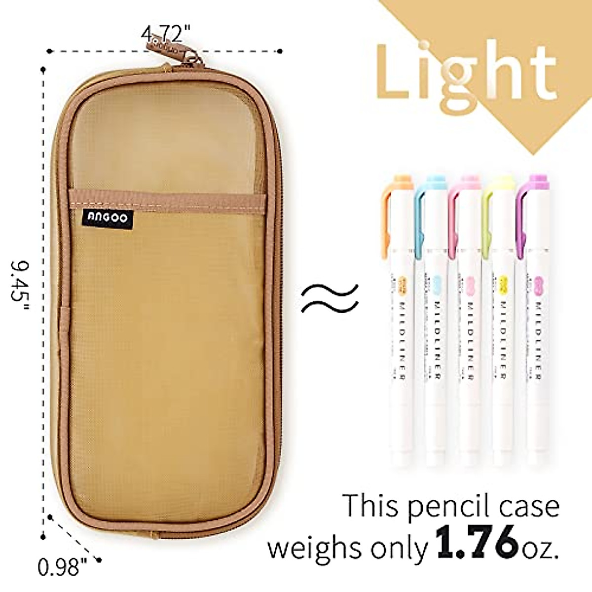 EASTHILL Grid Mesh Pen Pencil Case with Zipper Clear Makeup Color Pouch Cosmetics Bag Multi-Purpose Travel School Teen Girls Transparent Stationary Bag Office Organizer Box for Adluts(Khaki)