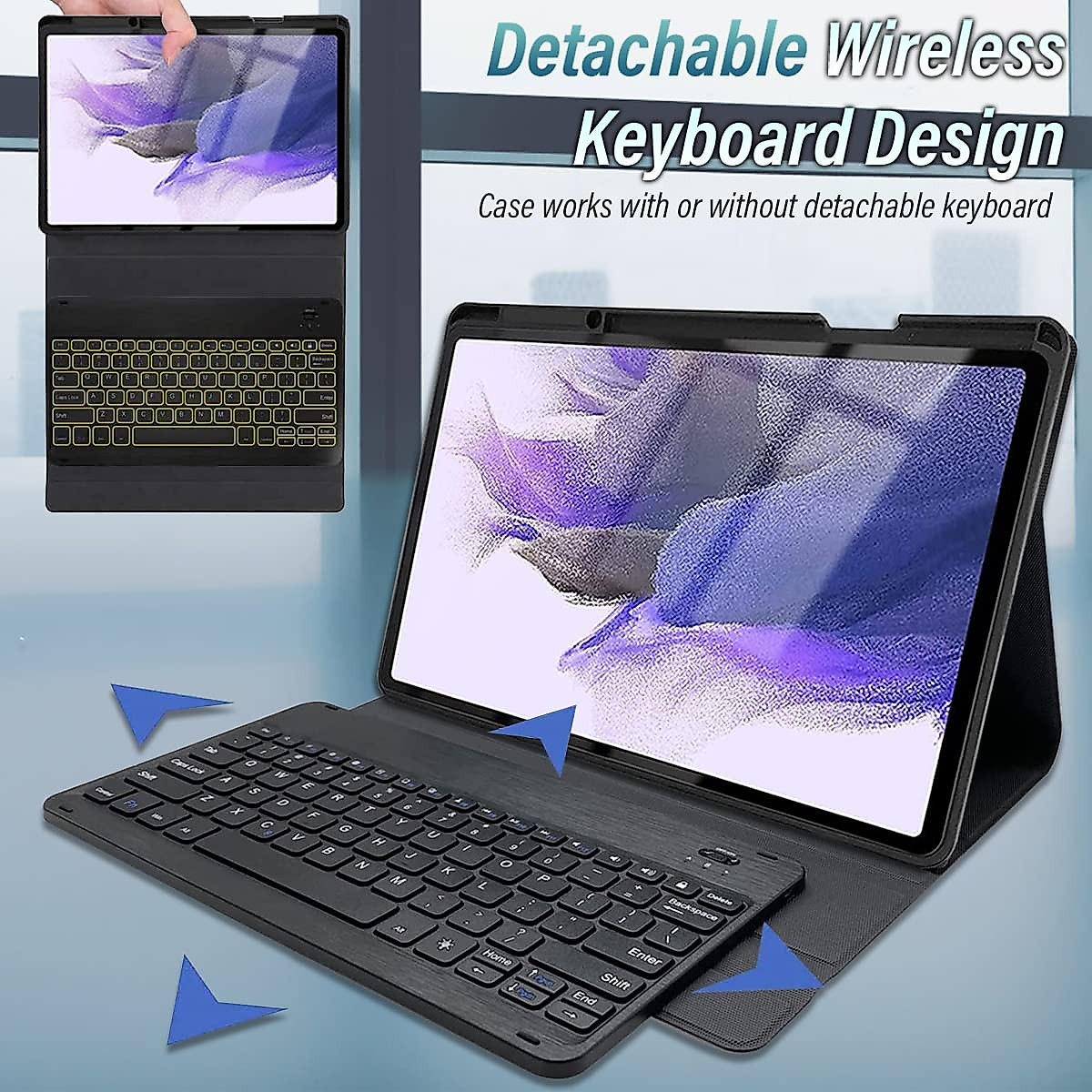 Backlit Keyboard Case for Samsung Galaxy Tab S8 Plus 2022/S7 FE 2021/S7 Plus 2020 12.4 inch with S Pen Holder, Wineecy 7 Colors Backlight Detachable Wireless Keyboard & PU Folio Stand Cover Case,Black