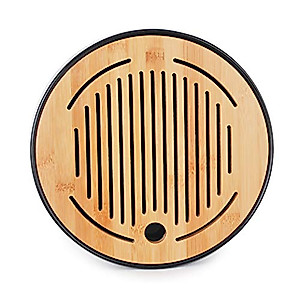 Hinomaru Collection Oriental Kung Fu Table Service Round Serving Tea Tray Bamboo Drip Pan Melamine Base Reservoir Tea Ceremony Accessories (Black)