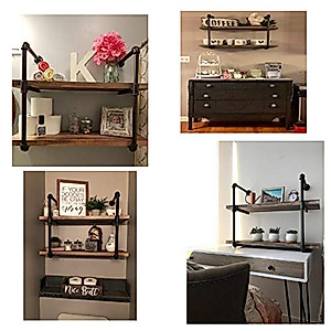 LoftPaipes Industrial Pipe Shelf Wall Mounted,24in 2 Tier Rustic Metal Floating Shelves,Steampunk Real Wood Book Shelves,DIY Bookshelf Hanging Wall Shelves,Farmhouse Kitchen Bar Shelving