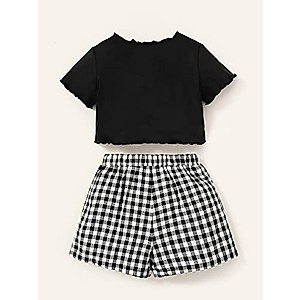 SOLY HUX Girl's Cute 2 Piece Outfits Letter Graphic Lettuce Trim Short Sleeve Tee Tops and Plaid Shorts Set Black and White 160