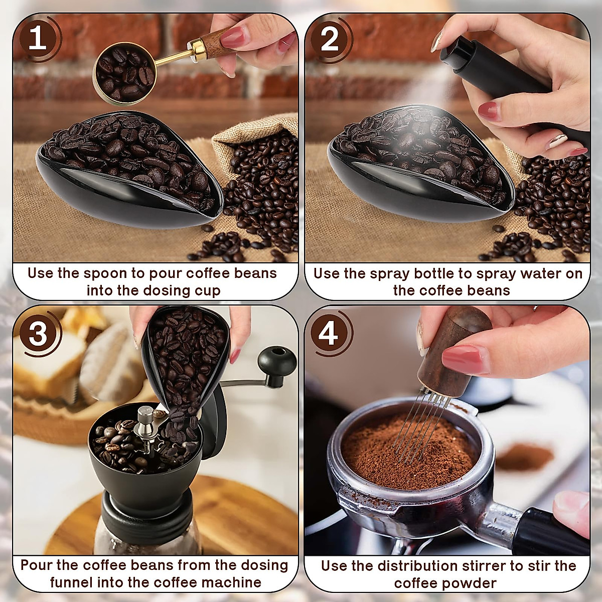 FWUNYVN 4Pcs Coffee Bean Dosing Cup, Spray Bottle, Spoon and Stirrer Tool Set, Coffee Bar Accessories Ceramic Espresso Dosing Funnel Spray Bottle for Reducing Coffee Static, Coffee Lover Gift (Black)
