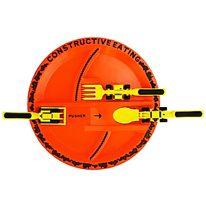 Constructive Eating Made in USA Construction and Dinosaur Combo with 2 Utensil Sets and 2 Plates for Toddlers, Infants, Babies and Kids - Made with Materials Tested for Safety